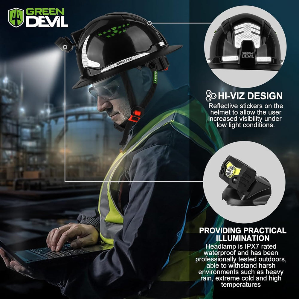 GREEN DEVIL Matrix Full Brim Hard Hat with Headlight Vented Constructi
