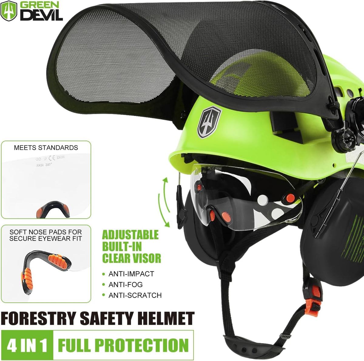 GREEN DEVIL Forestry Chainsaw Safety Helmet with Mesh Face Shield Buil